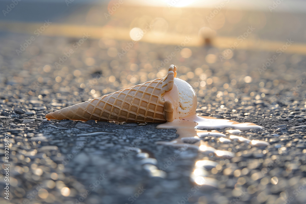Melting ice cream cone lying on the hot asphalt. Heat wave in a city ...