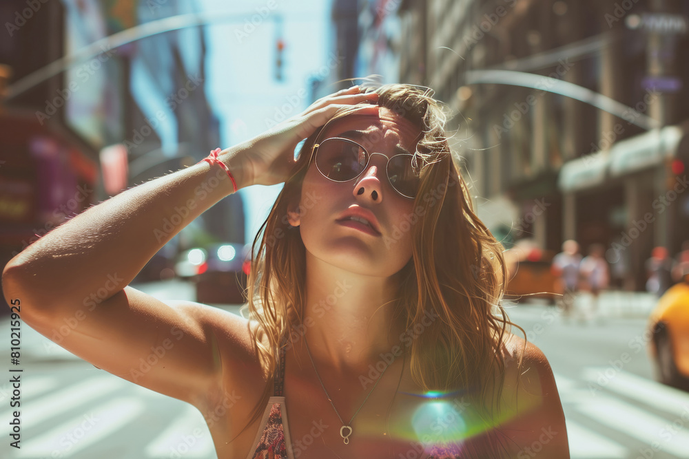 Young woman suffering from extremely high temperature, heat stroke and ...