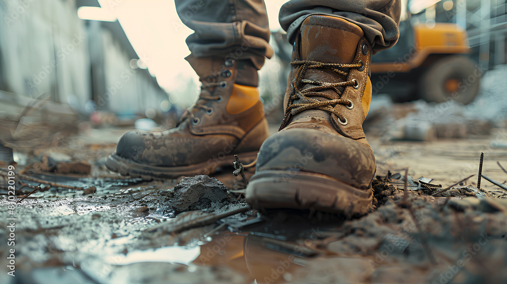 Show a construction worker on a job site, wearing heavy-duty safety ...