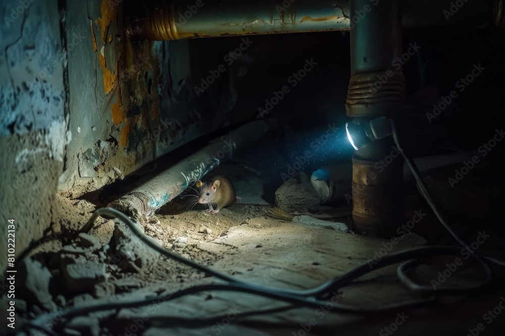 Lone rat illuminated by a flashlight in a dim, neglected basement ...