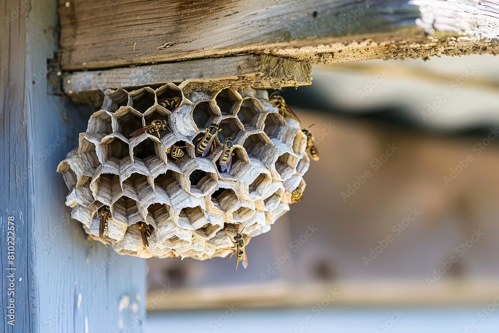 Close-up view of paper wasps tending to their hexagonal comb nest under ...