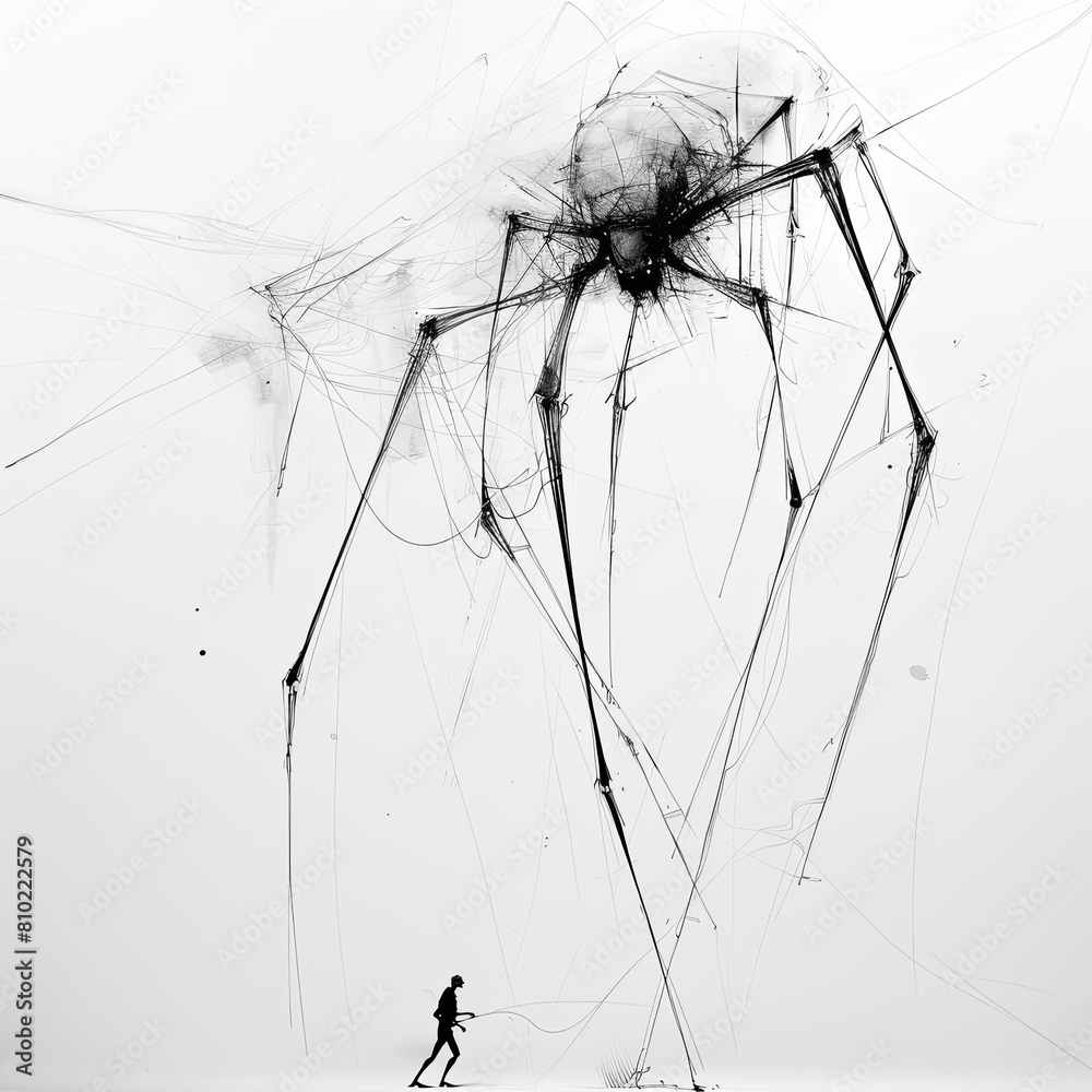 The black-and-white drawing shows a scary giant spider from which a man ...