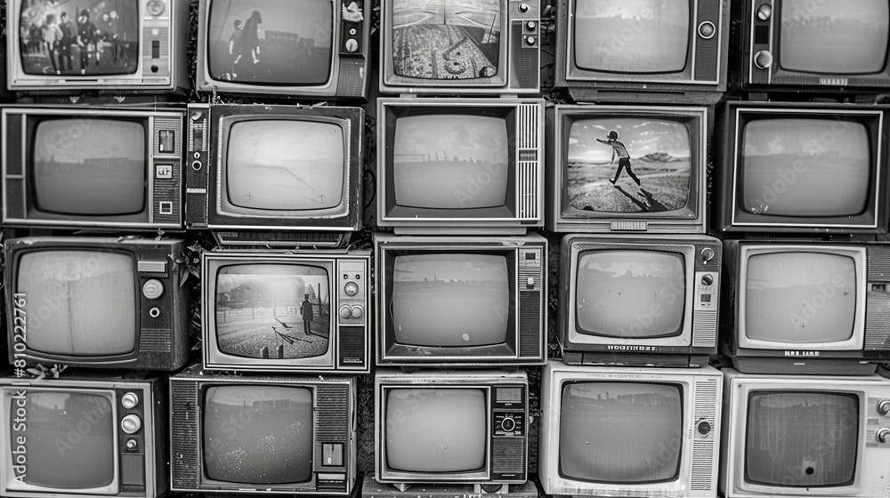Lots of retro TVs of which some are on and showing black and white ...