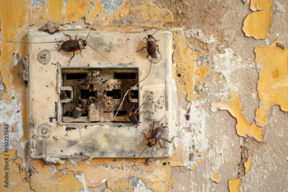 Group of cockroaches gathering on a deteriorating electrical socket by ...
