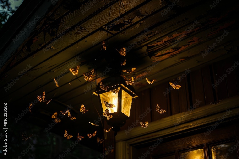 Tranquil moment of moths fluttering around a radiant lantern at ...
