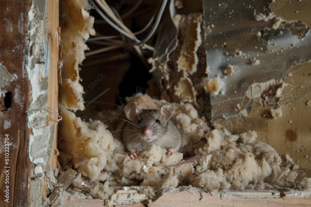 Severe rodent infestation in damaged home insulation as wild rat is spotted peeking out ...