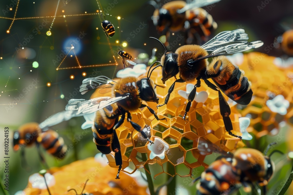 Robotic-enhanced bees digitally pollinate advanced flowers, representing the fusion of nature ...