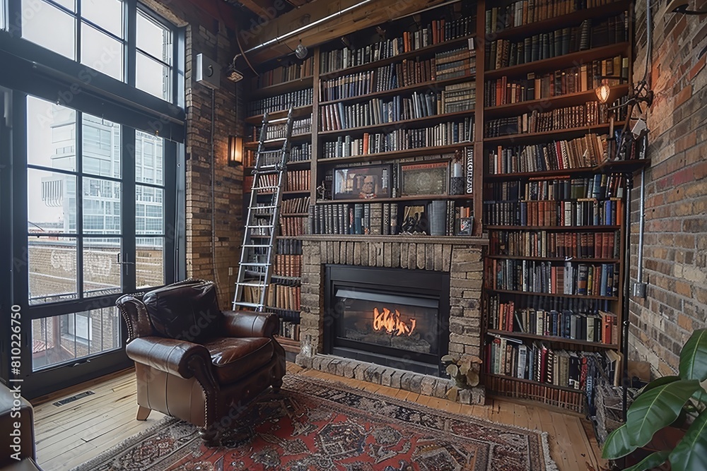 Loft Library with Industrial Accents: Floor-to-ceiling bookshelves ...