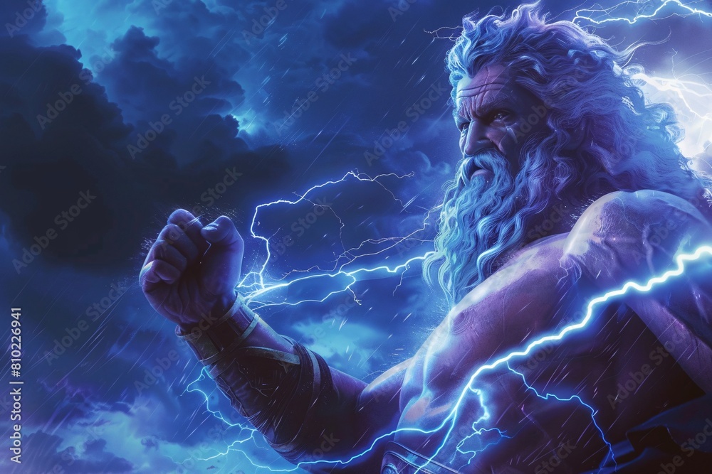 Zeus, the king of gods, casting a thunderous lightning bolt from the ...