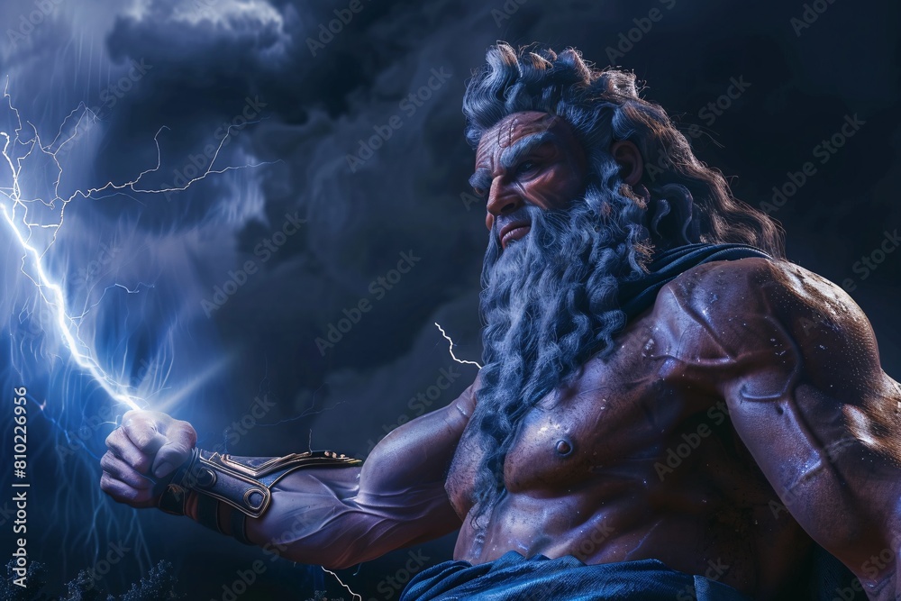 Zeus, the king of gods, casting a thunderous lightning bolt from the ...