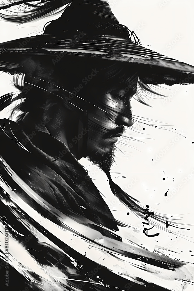 "Monochrome Samurai Warrior in Dynamic Brushstroke Style" "Ink Brush ...