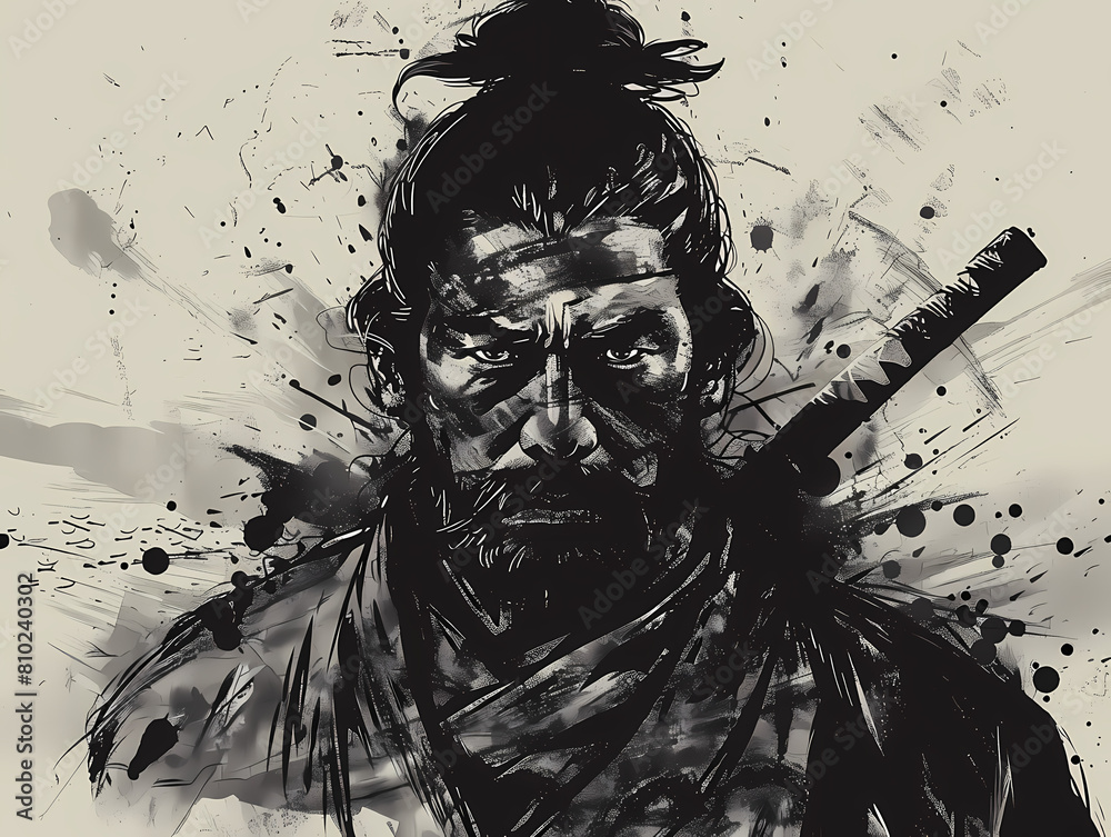 "Monochrome Samurai Warrior in Dynamic Brushstroke Style" "Ink Brush ...