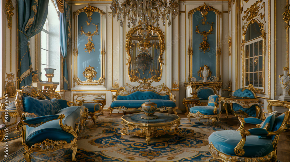 classic Rococo-style drawing room, where a blue and gold color scheme ...