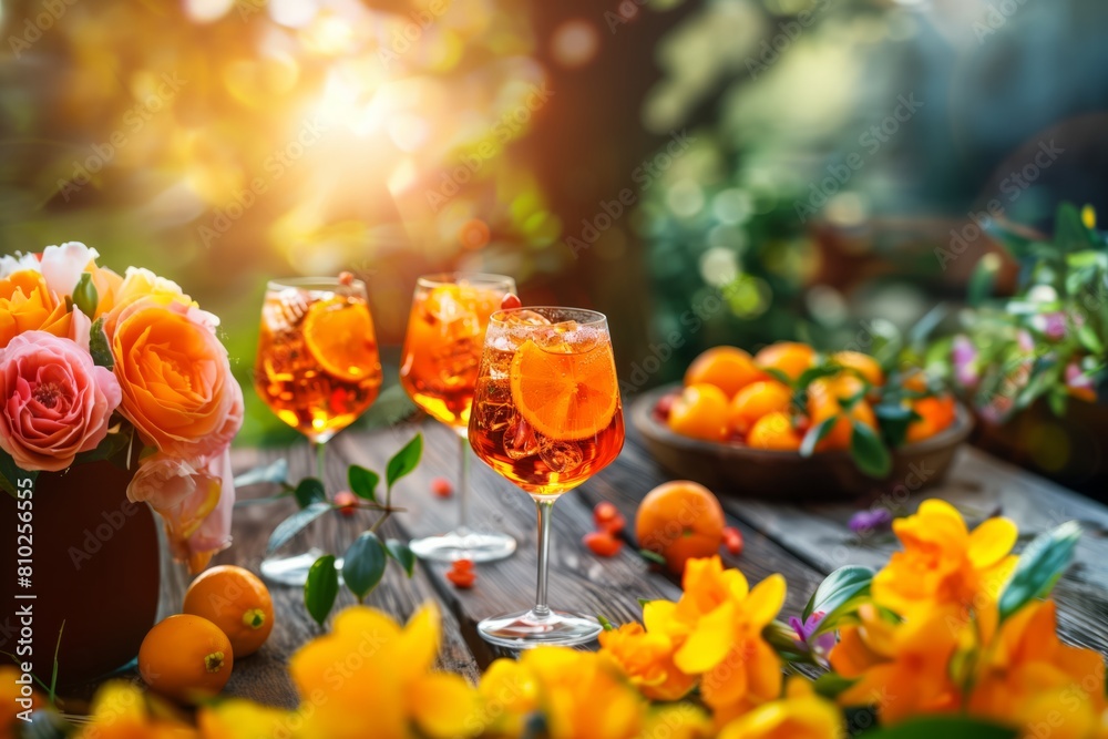 Refreshing Aperol Spritz cocktails on a sunny garden table, surrounded ...