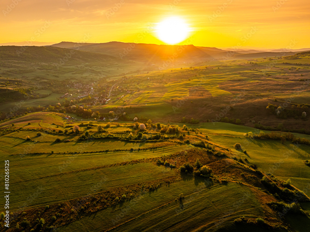 Villages of Transylvania. Aerial photo during a beautiful spring ...