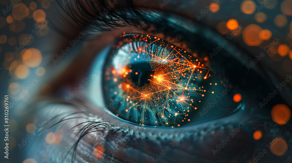 an eye is depicted with AI digital connections and data points ...