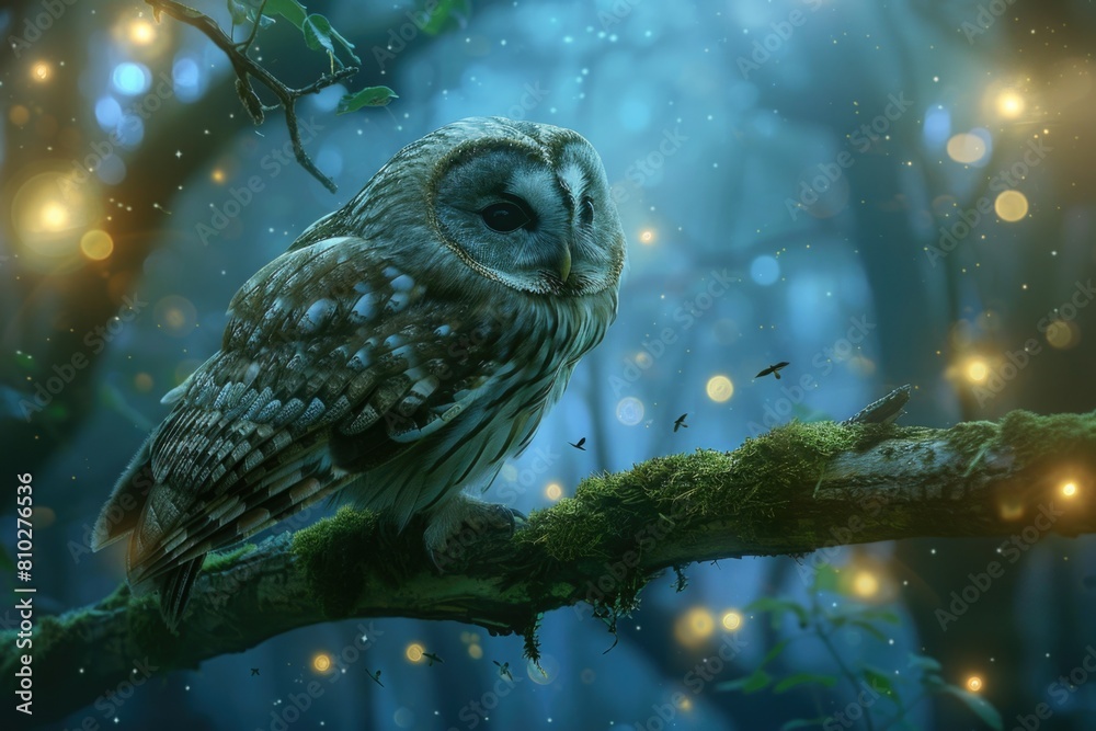 An old, wise owl perched on a moss-covered branch in a mystical forest during twilight, with ...