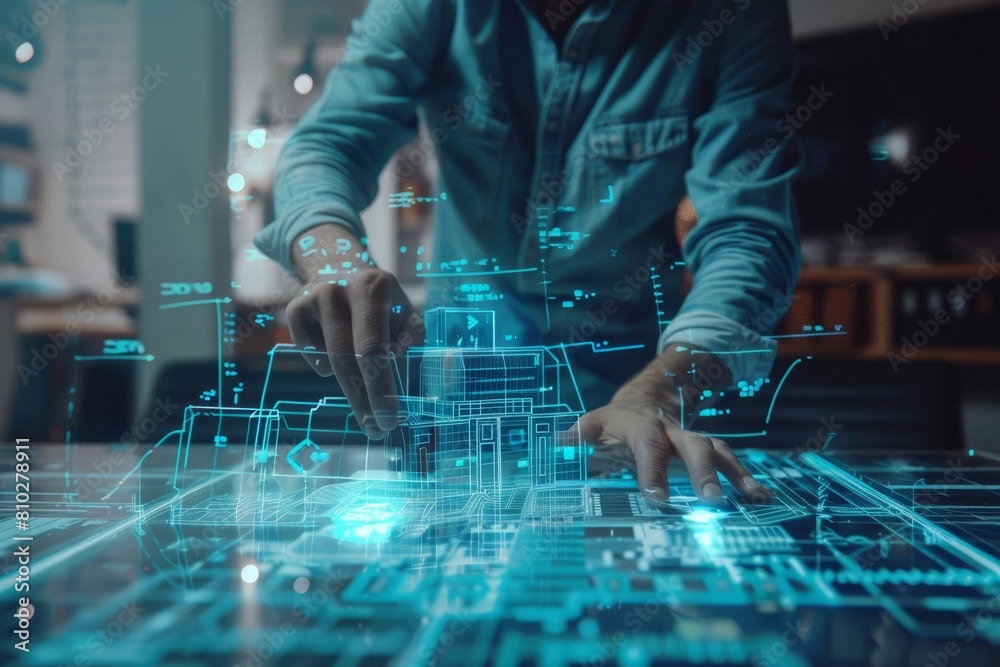 Closeup half body of an architect with Glow HUD big Icon of blueprints ...