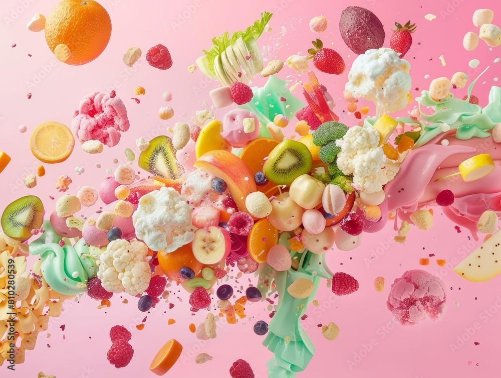 Explore the unexpected with a flying healthy food explosion, where ...