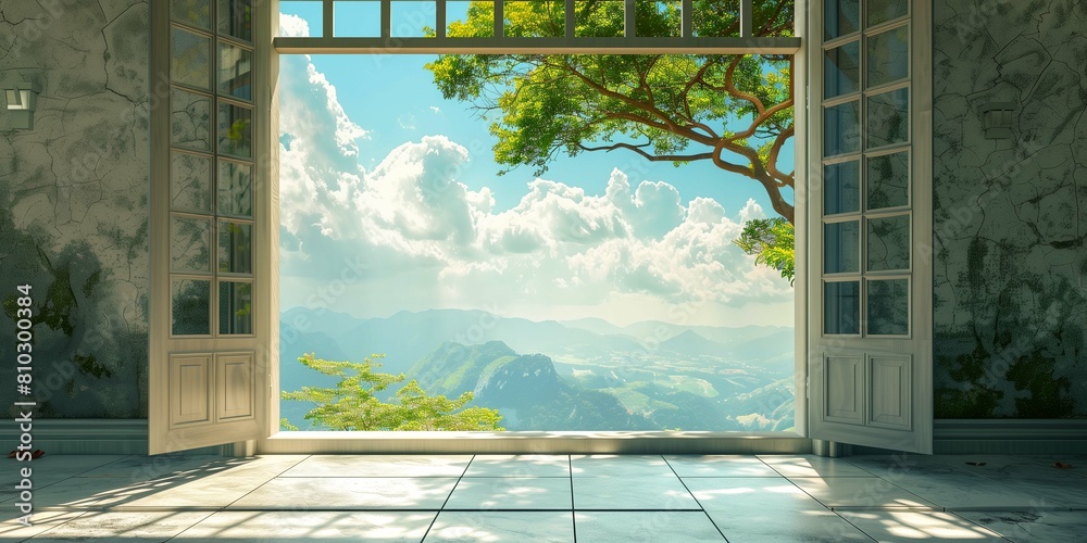 realistic sketch of a closed square window, curtains gently swaying ...