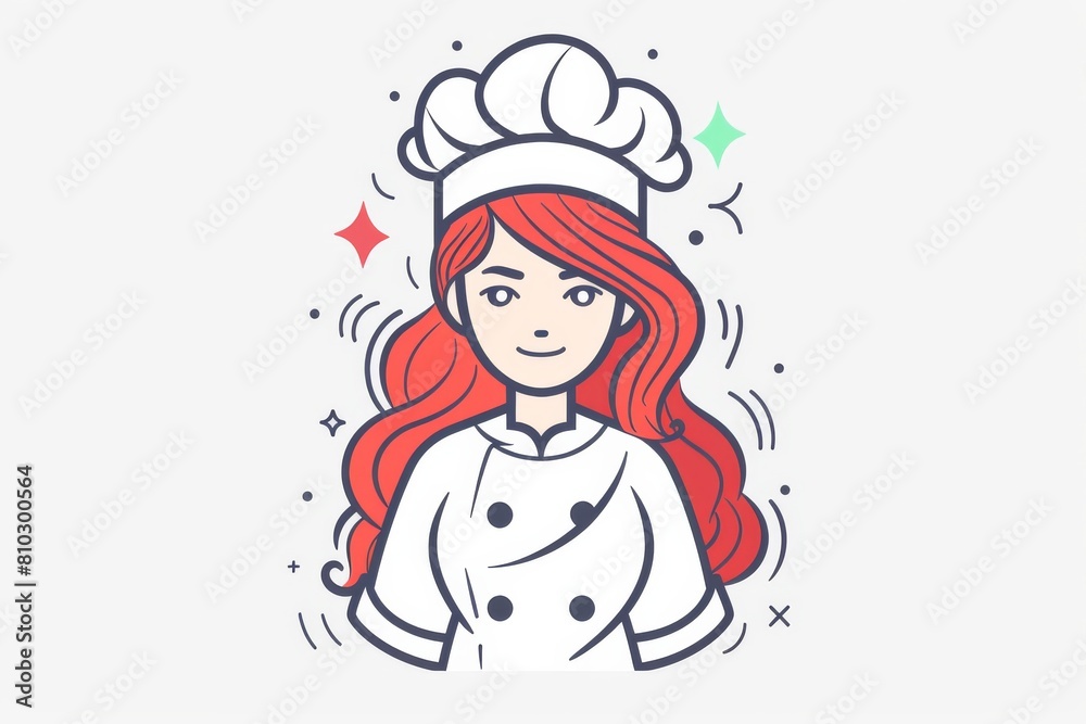 Whimsical line drawing of a cheerful female chef with playful sparkles ...