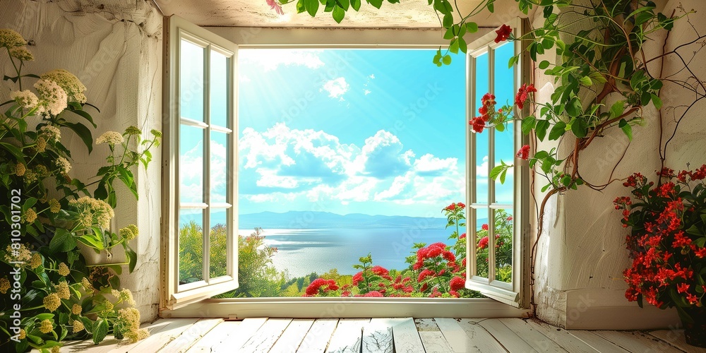 realistic sketch of a closed square window, curtains gently swaying ...