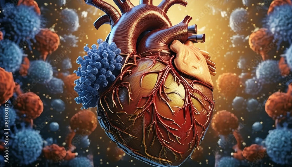 A hyper-realistic depiction of a human heart surrounded by blood cells ...