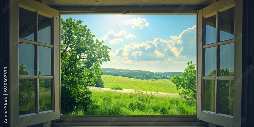 realistic sketch of a closed square window, curtains gently swaying ...