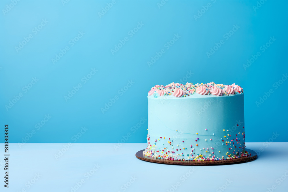Blue cake with sprinkles on a solid light blue background with copy ...