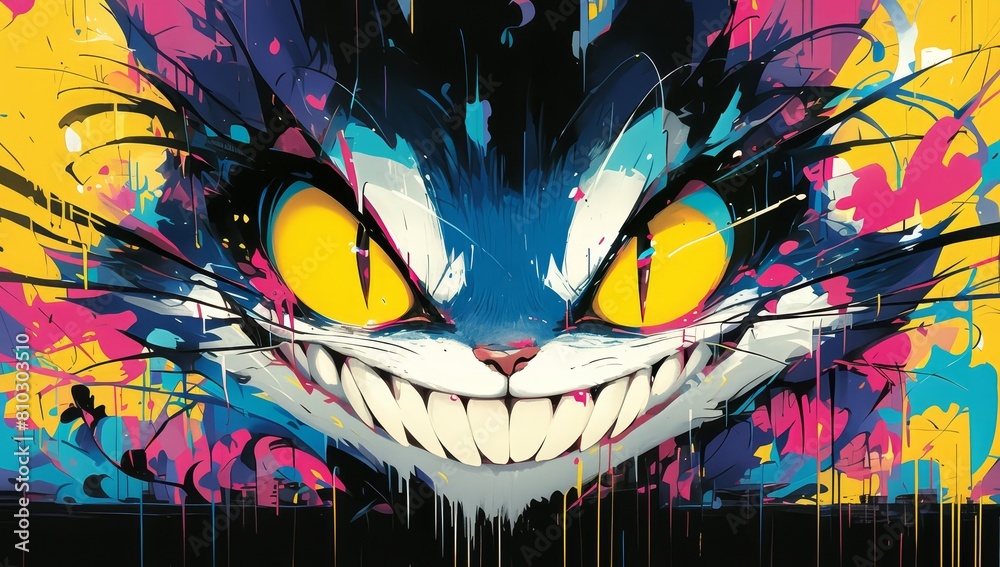 Evil cat with yellow eyes and sharp teeth, smiling sinisterly. The ...