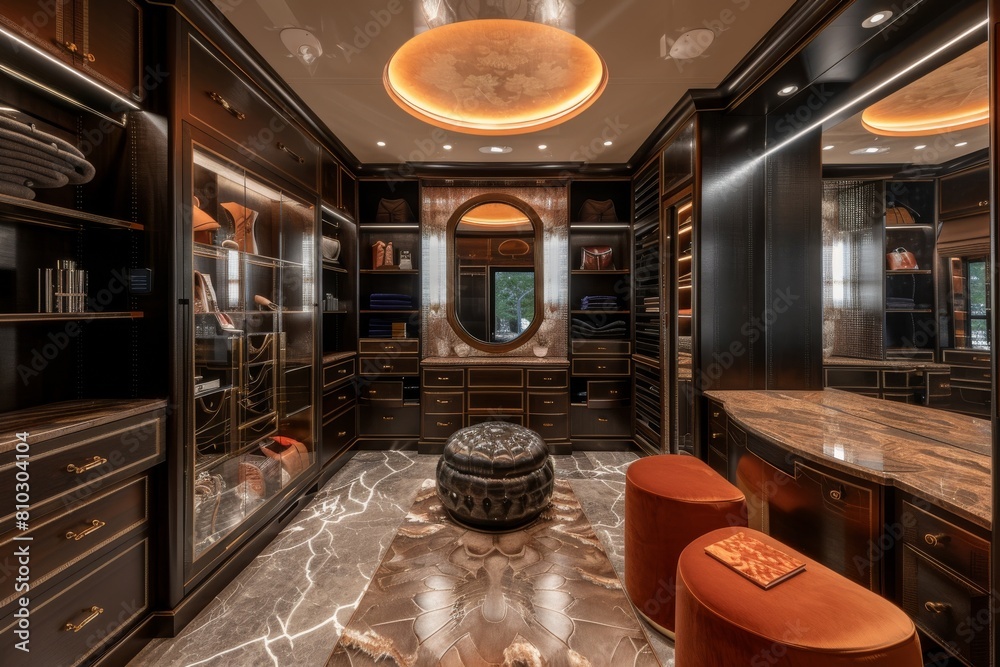Luxurious walk-in closet with custom cabinetry, marble flooring, and ...