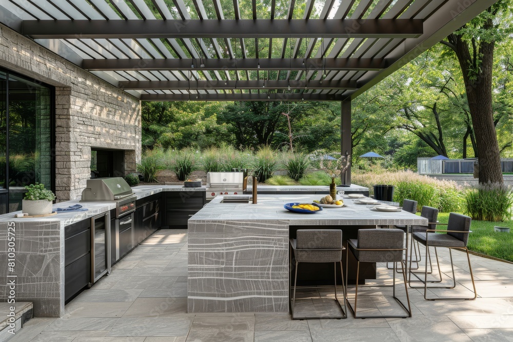 Luxurious outdoor kitchen with stainless steel appliances and a ...