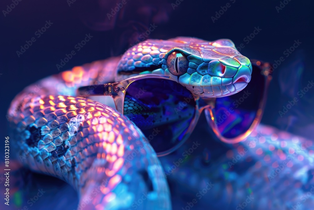 Stylized Snake with Sparkling Scales and Glasses in a Neon-Infused ...