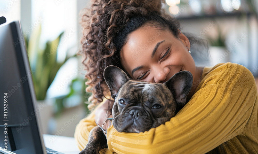 Happy mixed race woman cuddling French bulldog in the office. Candid ...