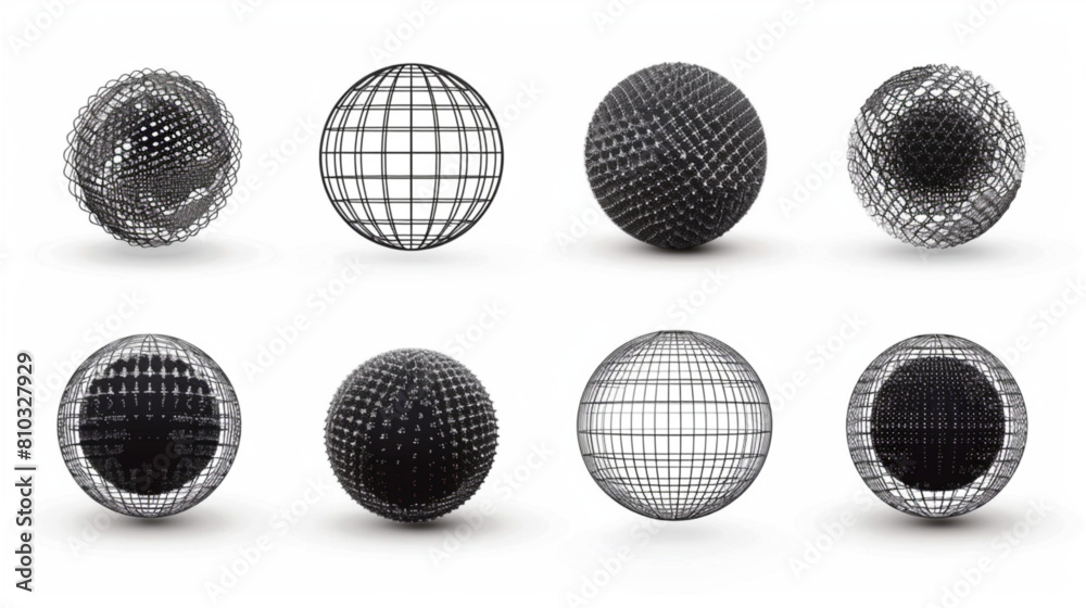 3D sphere mesh. Globe shapes with dots and line grid, orb wire ...