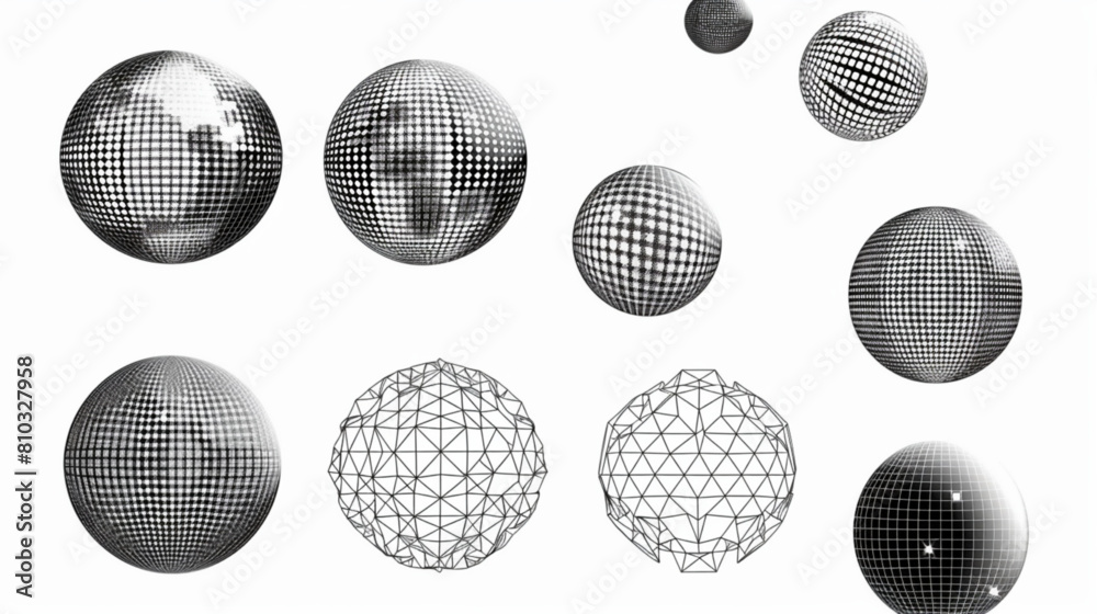 3D sphere mesh. Globe shapes with dots and line grid, orb wire ...