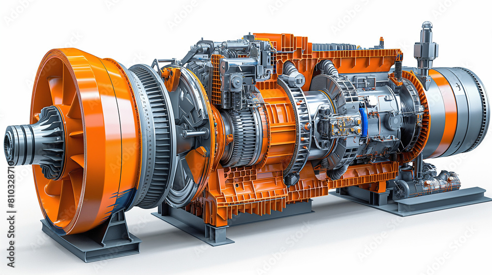 The image shows a cutaway view of a large industrial diesel engine with ...