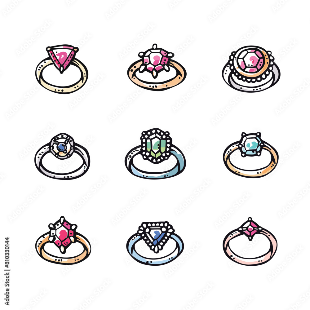 Handdrawn gemstone rings vector set colorful doodles. Jewelry design ...