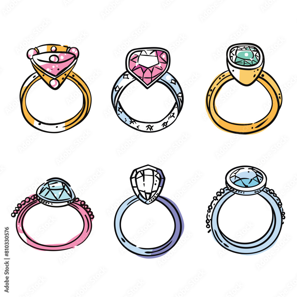 Six colorful engagement rings, featuring different gemstone, set ...