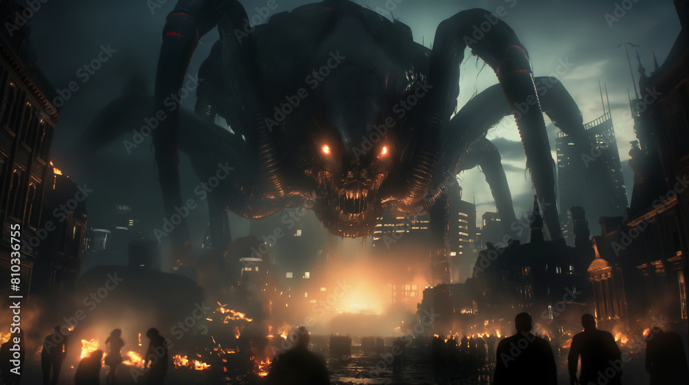The giant spider monster is destroying the city. People are running ...