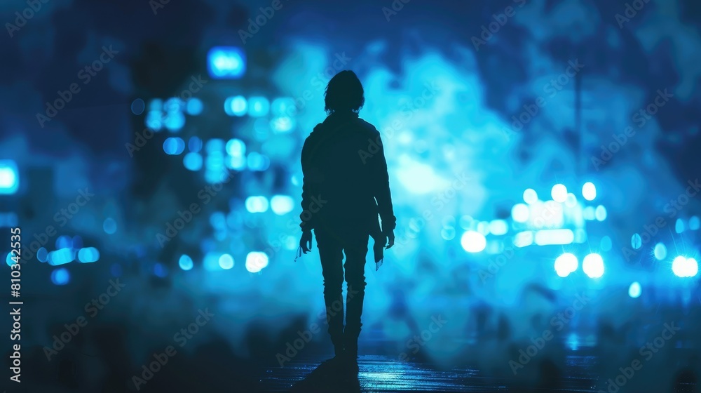 Silhouette of zombie person walking at night in the city in moonlight ...