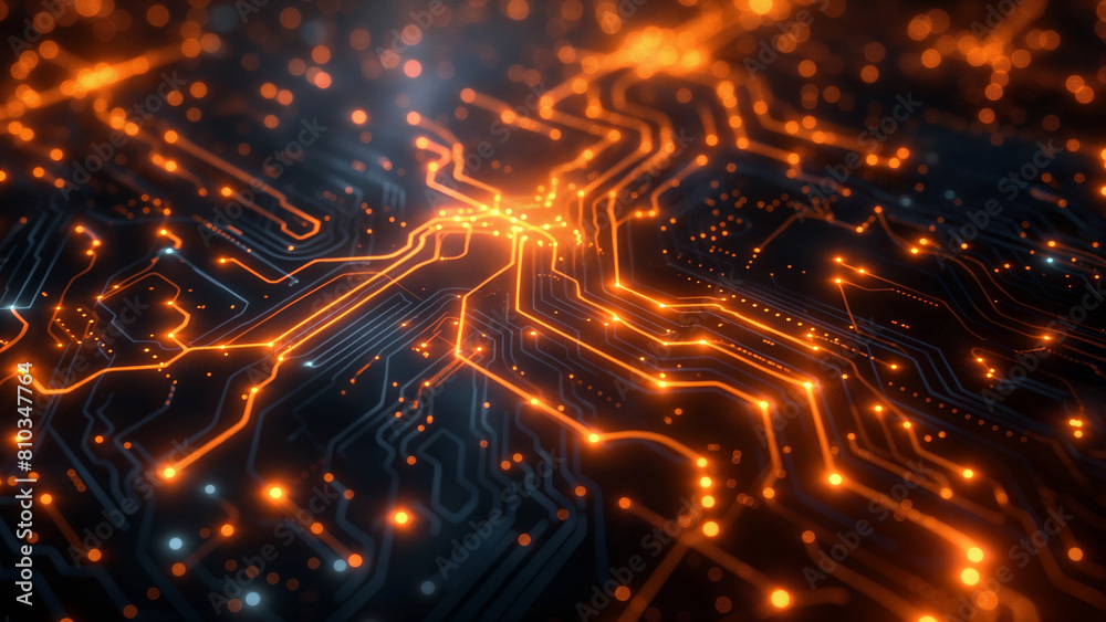 Glowing orange lights on electronic circuit board pathways. High ...