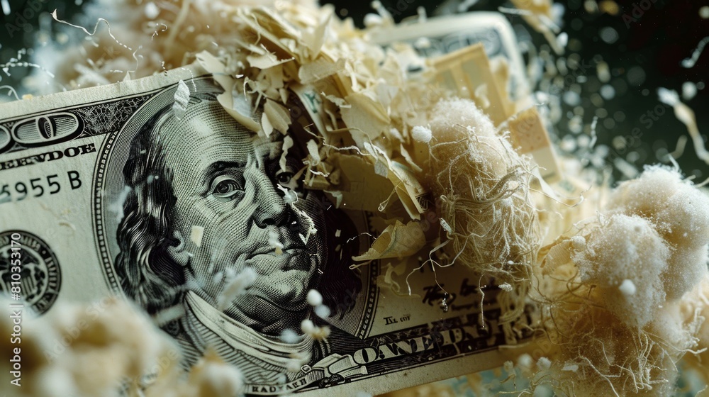 Fragmented currency: Shredded dollar bill at the heart of a pile of ...