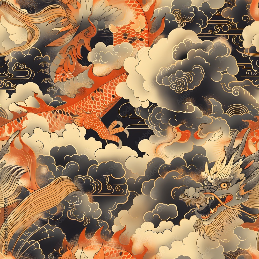 seamless pattern of Japanese ukiyo-e hand drawing illustration of ...