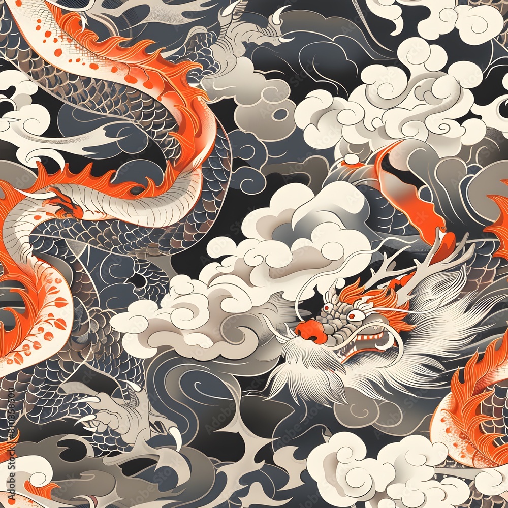 seamless pattern of Japanese ukiyo-e hand drawing illustration of ...