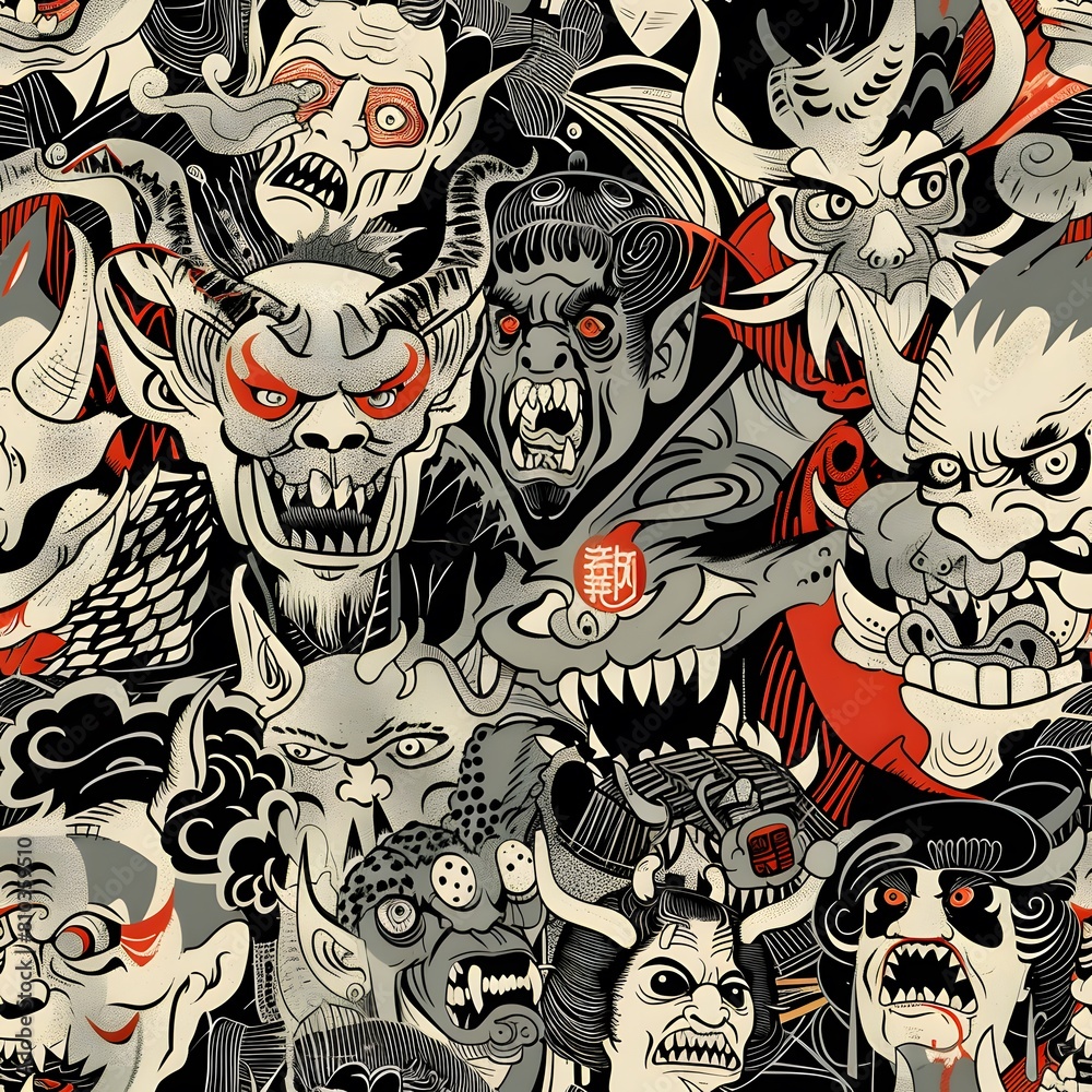 seamless pattern of Japanese ukiyo-e hand drawing illustration of yokai ...