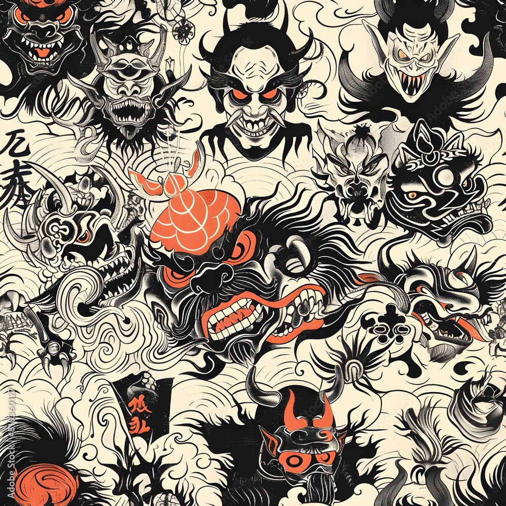 seamless pattern of Japanese ukiyo-e hand drawing illustration of yokai ...