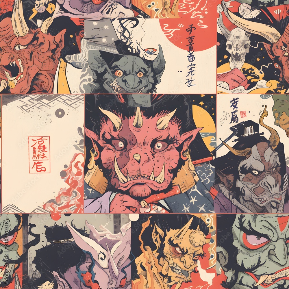 seamless pattern of Japanese ukiyo-e hand drawing illustration of yokai ...
