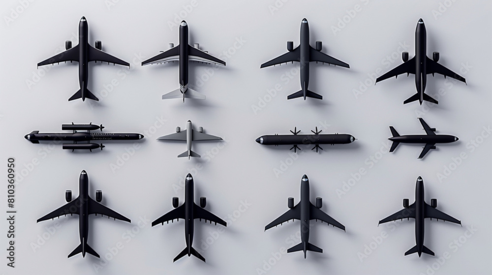 Airplane icons. Aircraft silhouettes flying jet, motor plane and drone ...