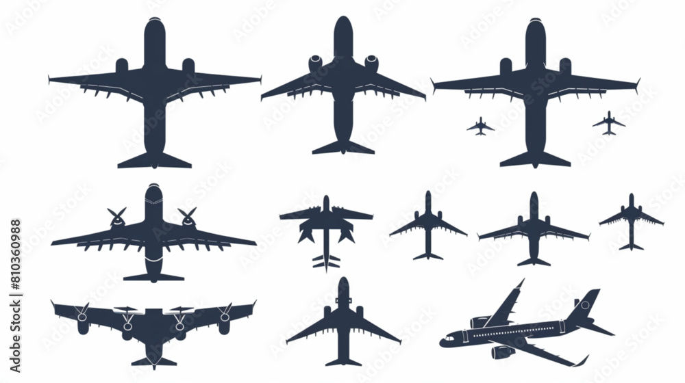 Airplane icons. Aircraft silhouettes flying jet, motor plane and drone ...
